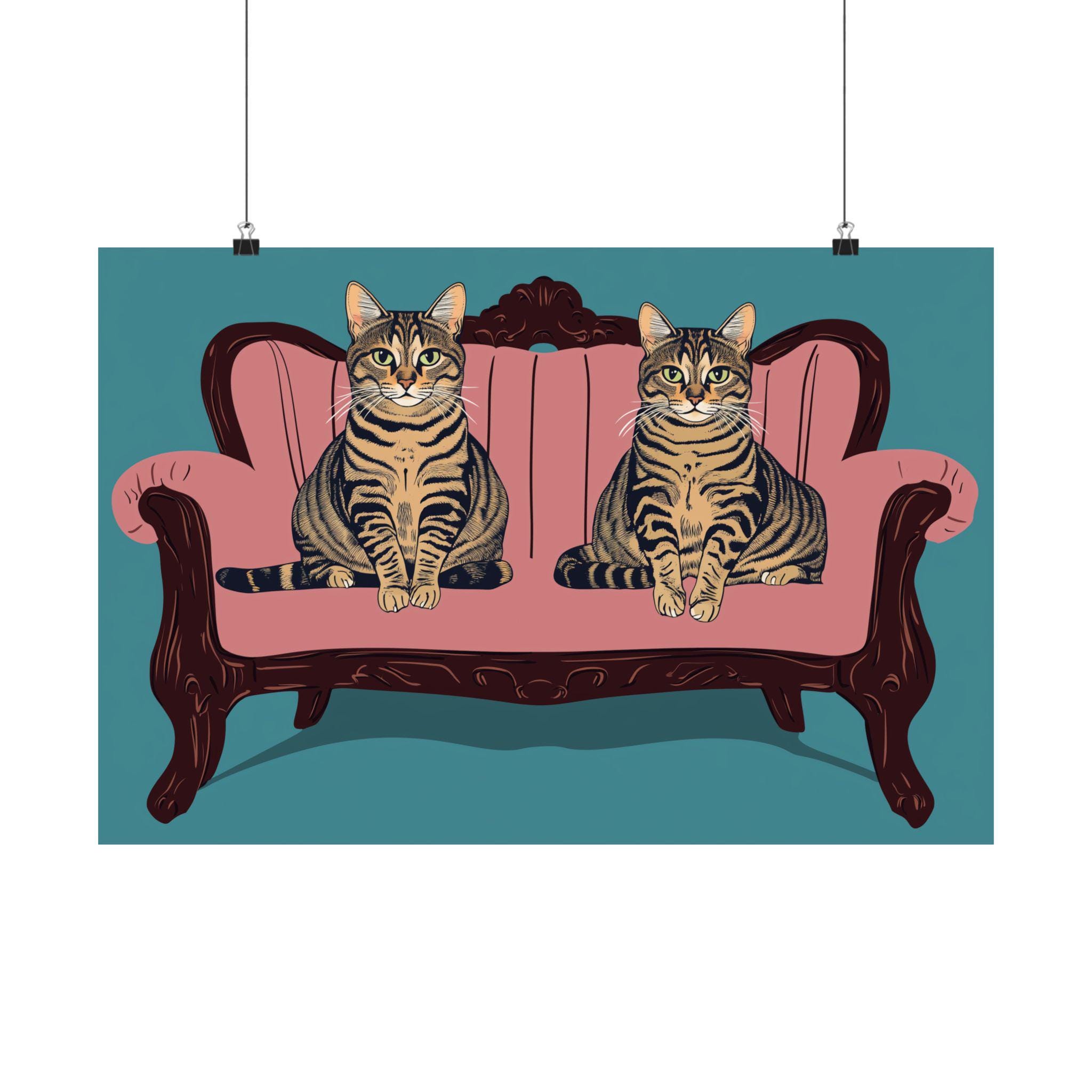 Tabby Cats Art Print: Kitsch Pink Sofa, Whimsical Feline Home Decor - Etsy