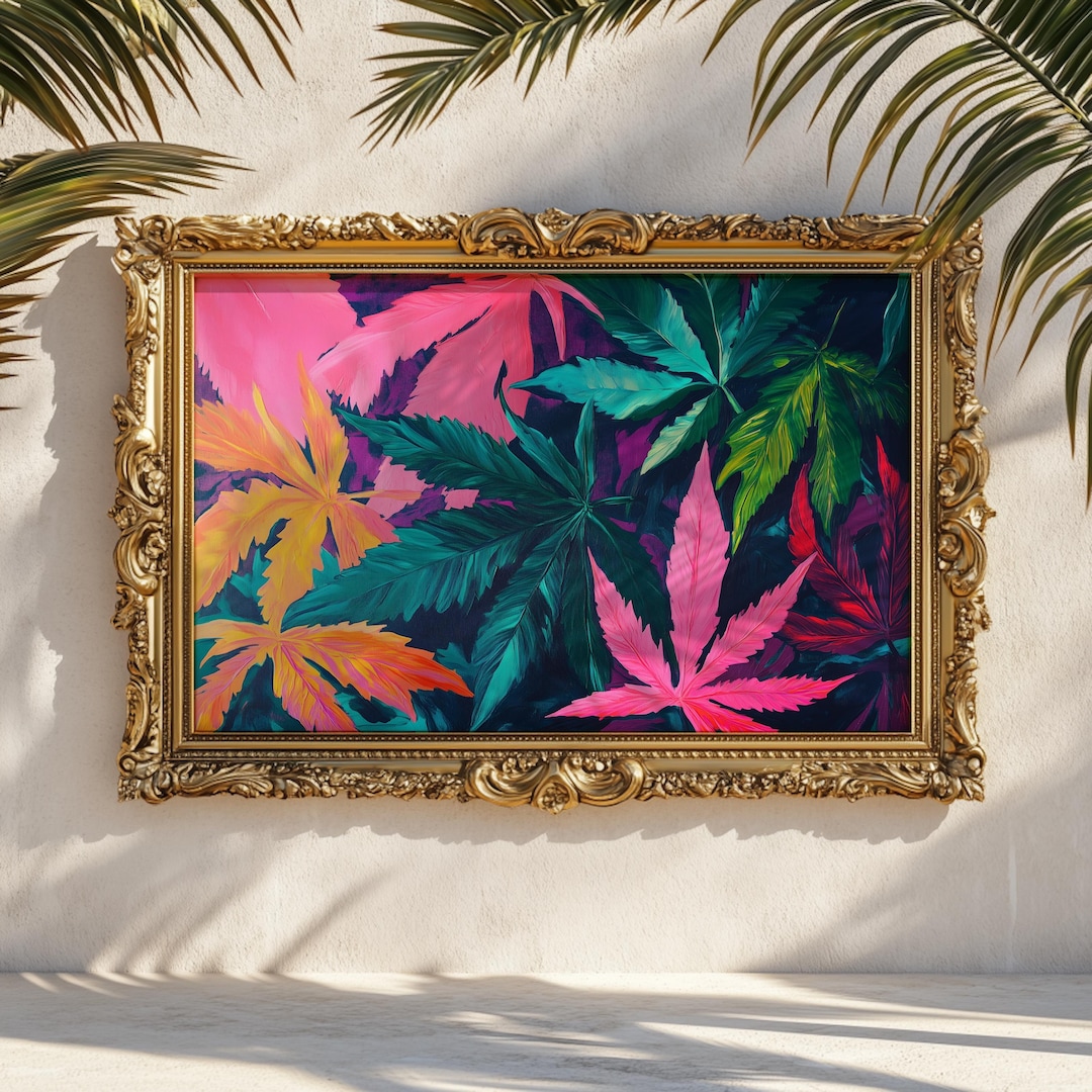 Vibrant Weed Leaf Wall Art Print: Retro Pink and Green Cannabis Plant ...