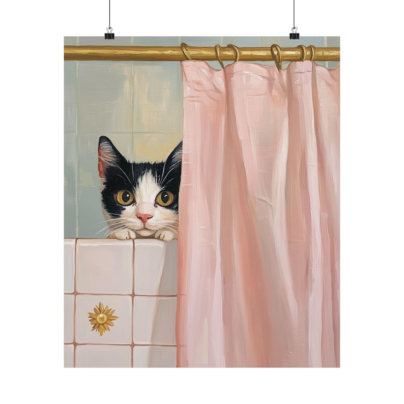 Tuxedo Cat in Shower Print | Pink Bathroom Art - Etsy