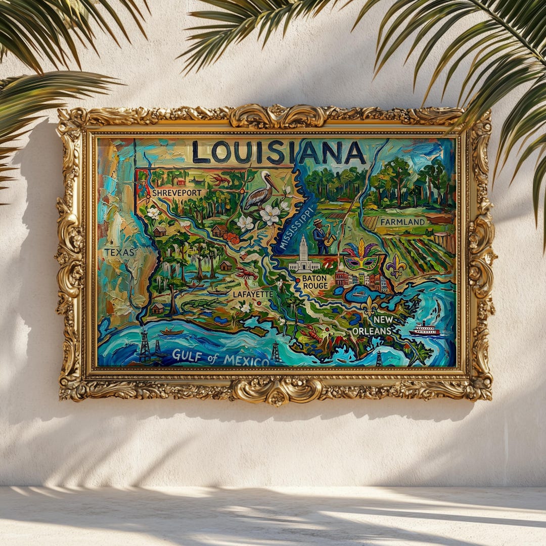 Louisiana Map Wall Poster: New Orleans Wall Art, Baton Rouge Painting ...