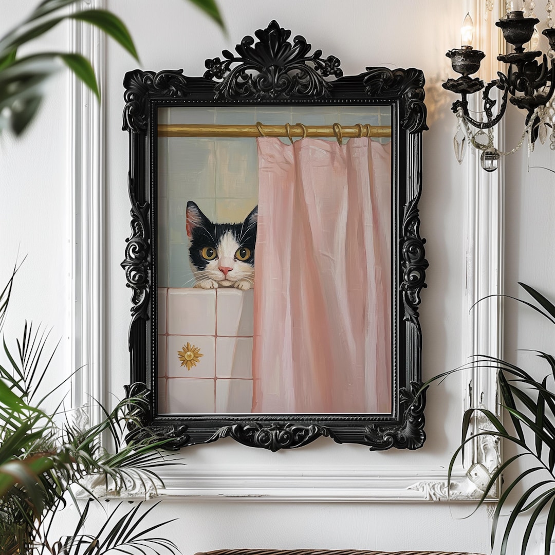 Tuxedo Cat in Shower Print | Pink Bathroom Art - Etsy
