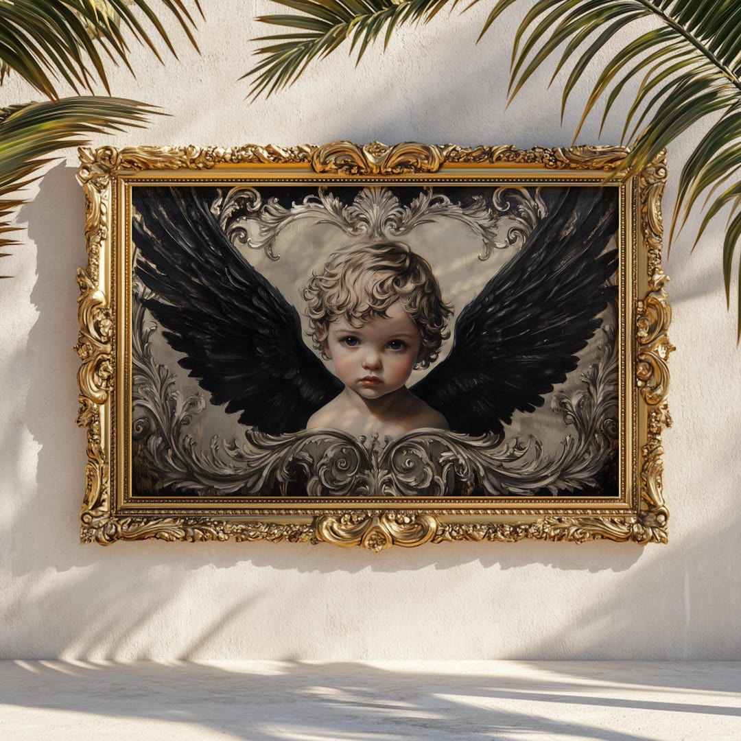 Dark Angel Cherub: Black Wing Baroque Art Print, Gothic Cherub Wall Art ...