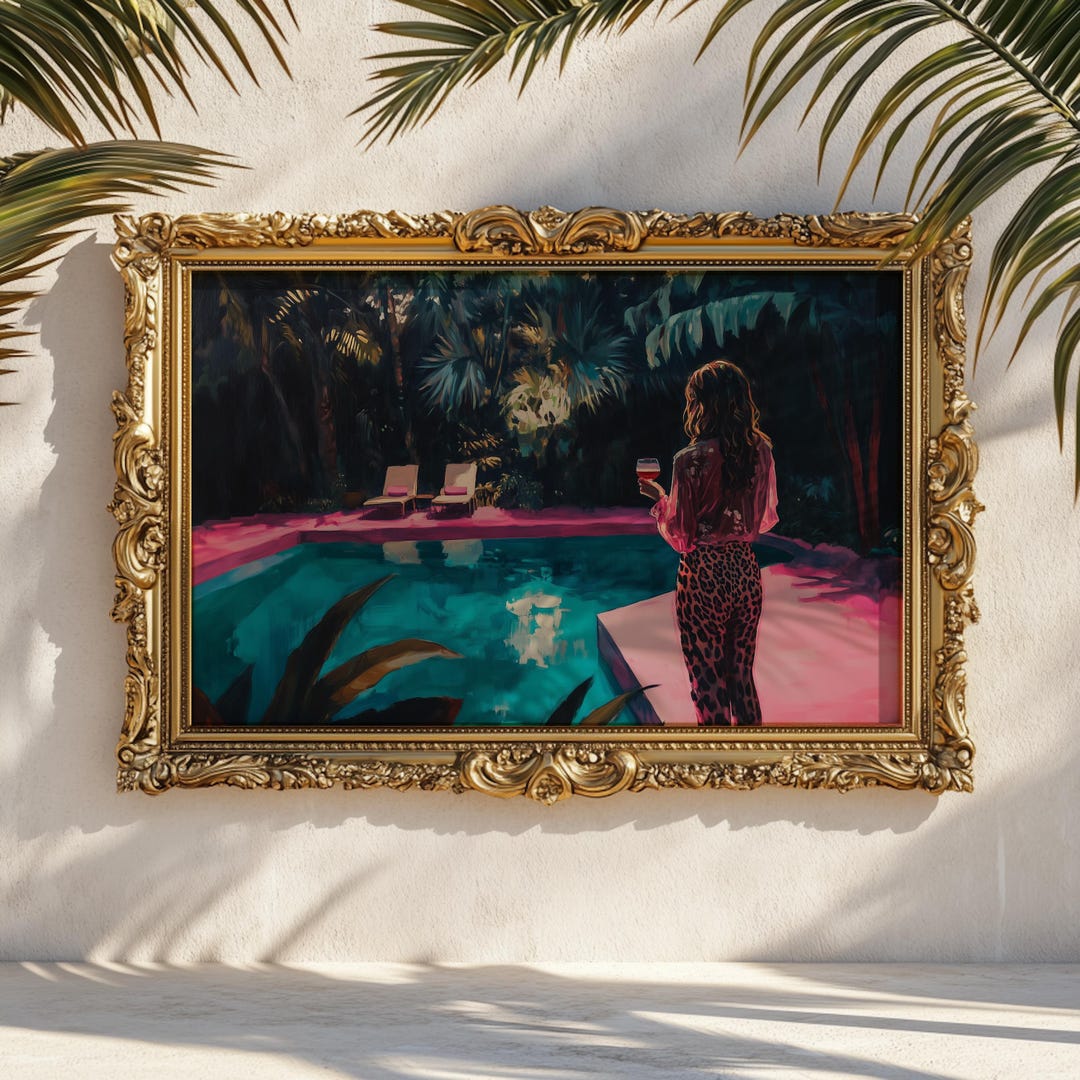 Woman by the Pool Wall Art Print: Feminine Night Pool Painting Glam ...