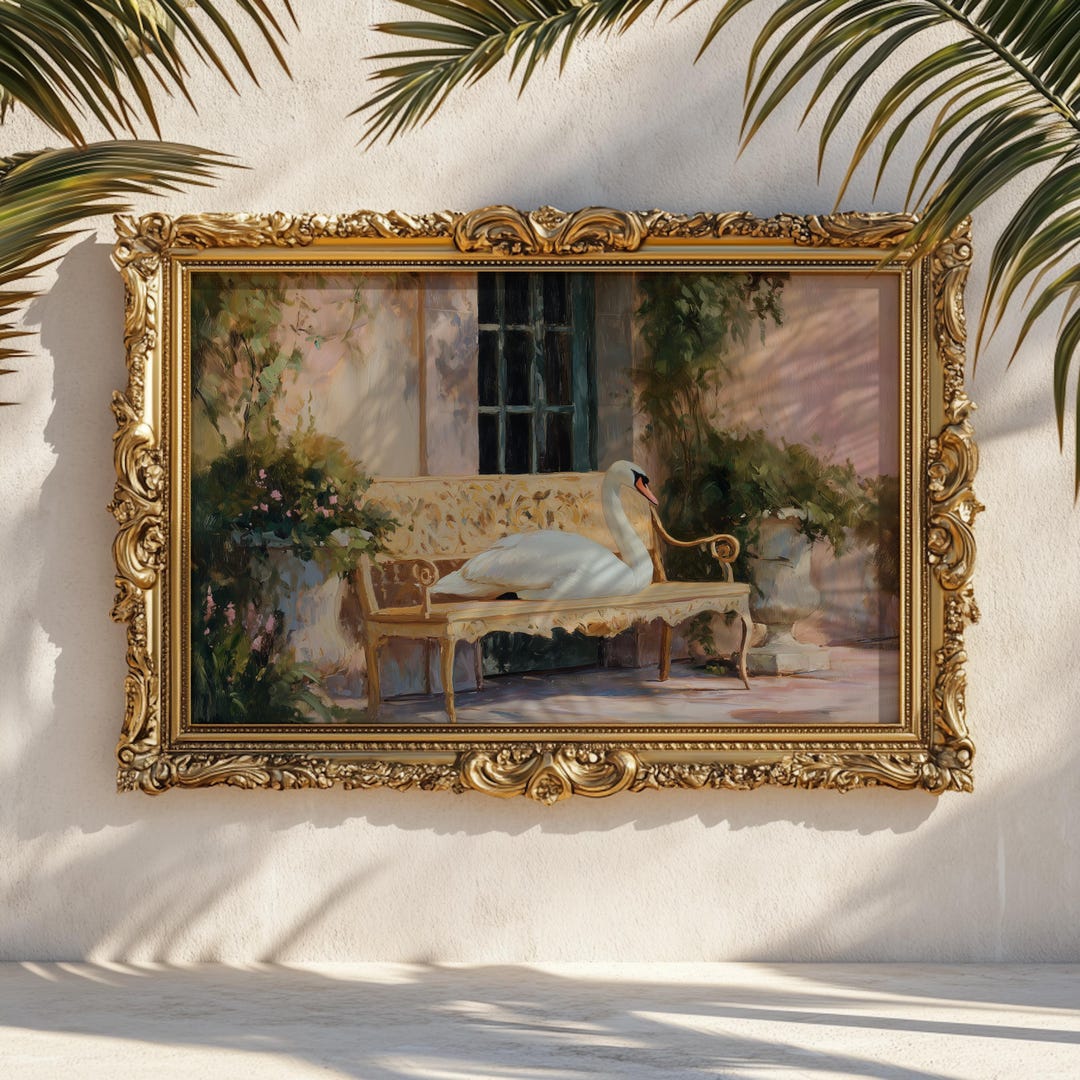 Swan Garden Bench Print: Whimsical French Courtyard Wall Art - Etsy
