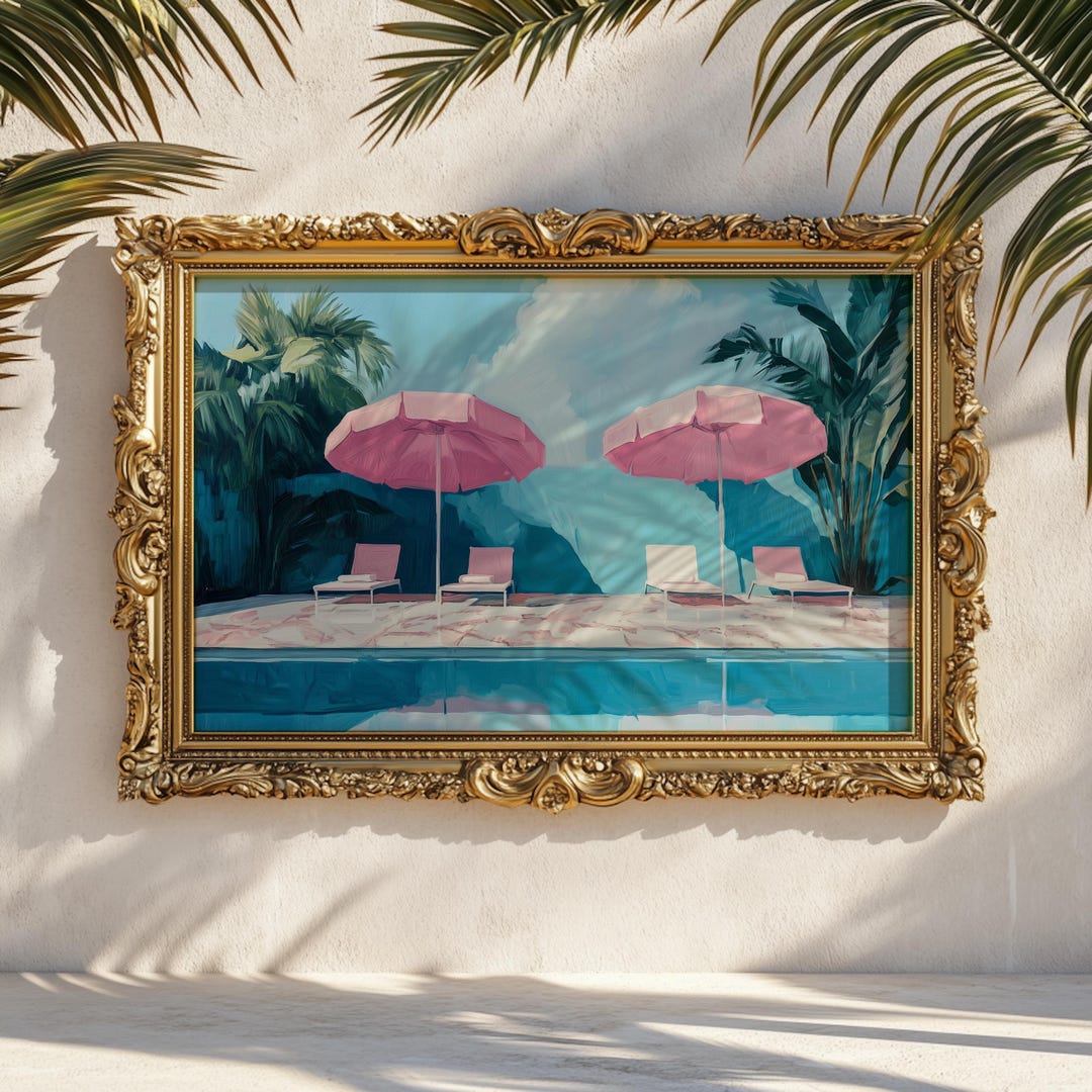 Miami Poolside Wall Art Print: 80s Miami Vice Oil Painting, Pink ...