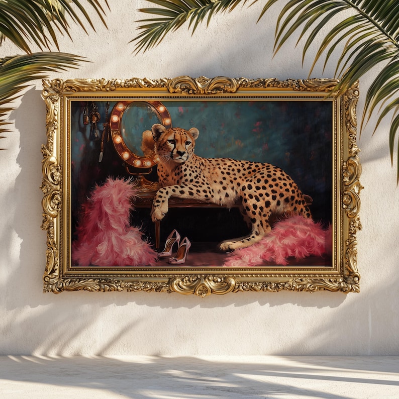 Cheetah Showgirl Art Print: Glam Animal With Pink Feather Boa - Etsy