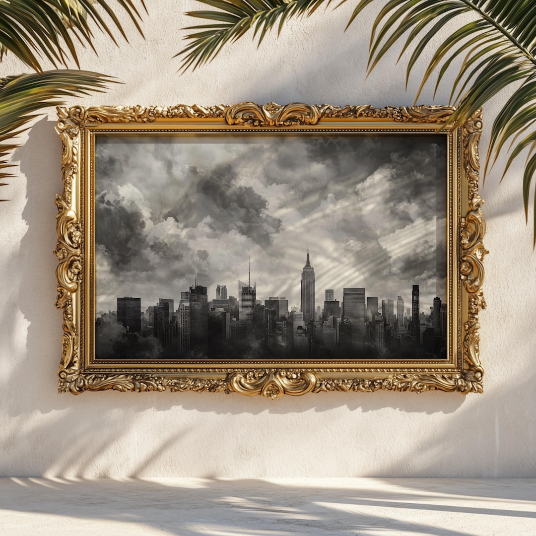 Monochrome Cloudy City Skyline Poster Matte Horizontal | Urban New York ...