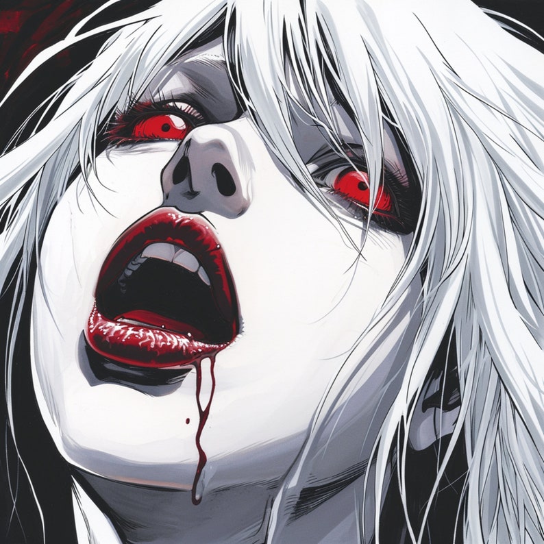 A Witch With White Hair and Red Eyes SVG, With Her Mouth Open and Blood ...