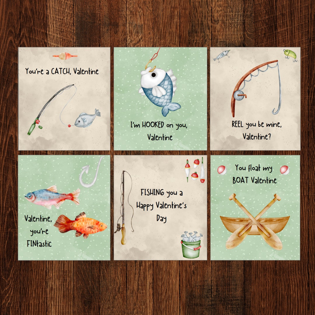 Fishing Printable Valentine Cards for Kids, Fishing Valentines, Kids ...