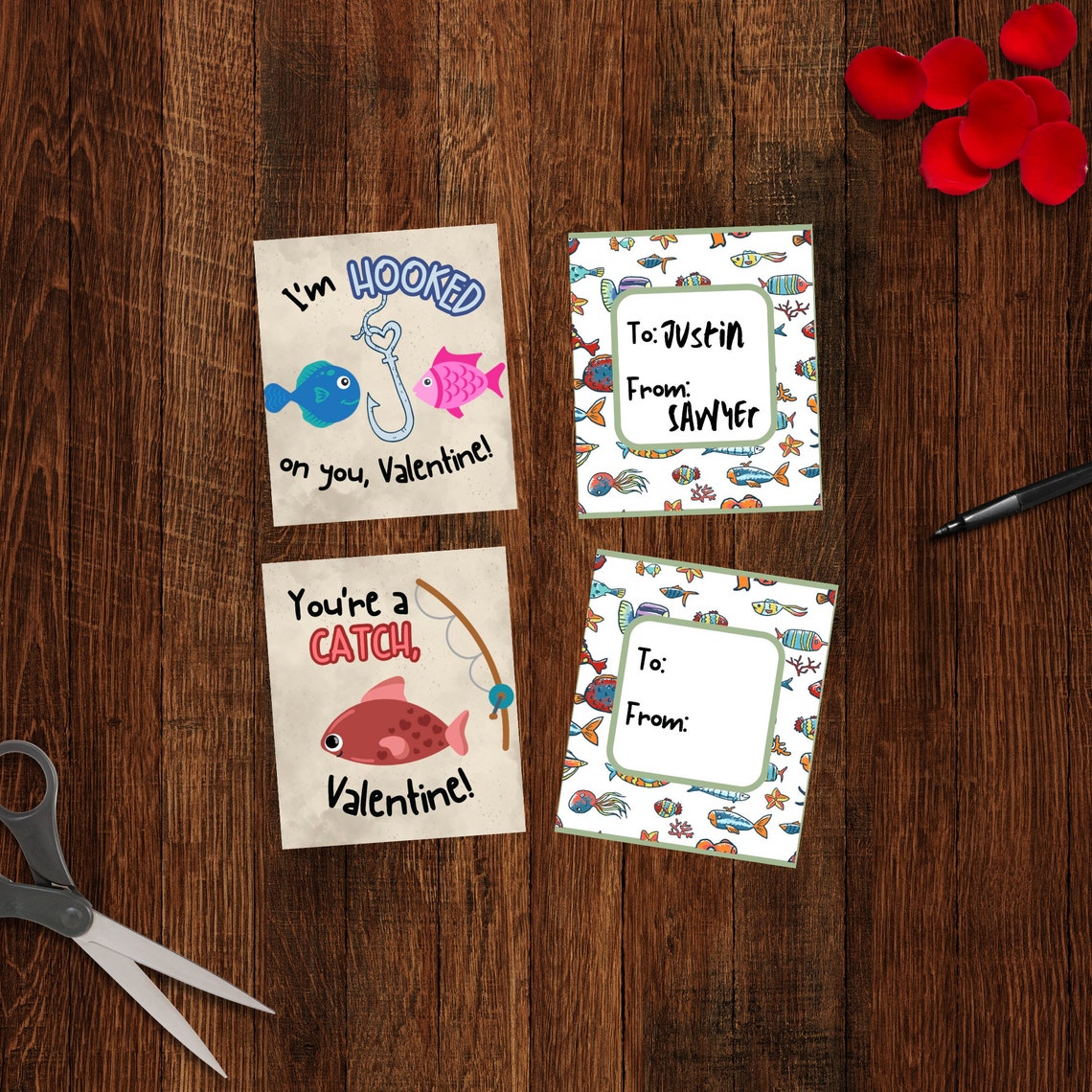 Fishing Printable Valentine Cards for Kids, Fishing Valentines, Kids ...