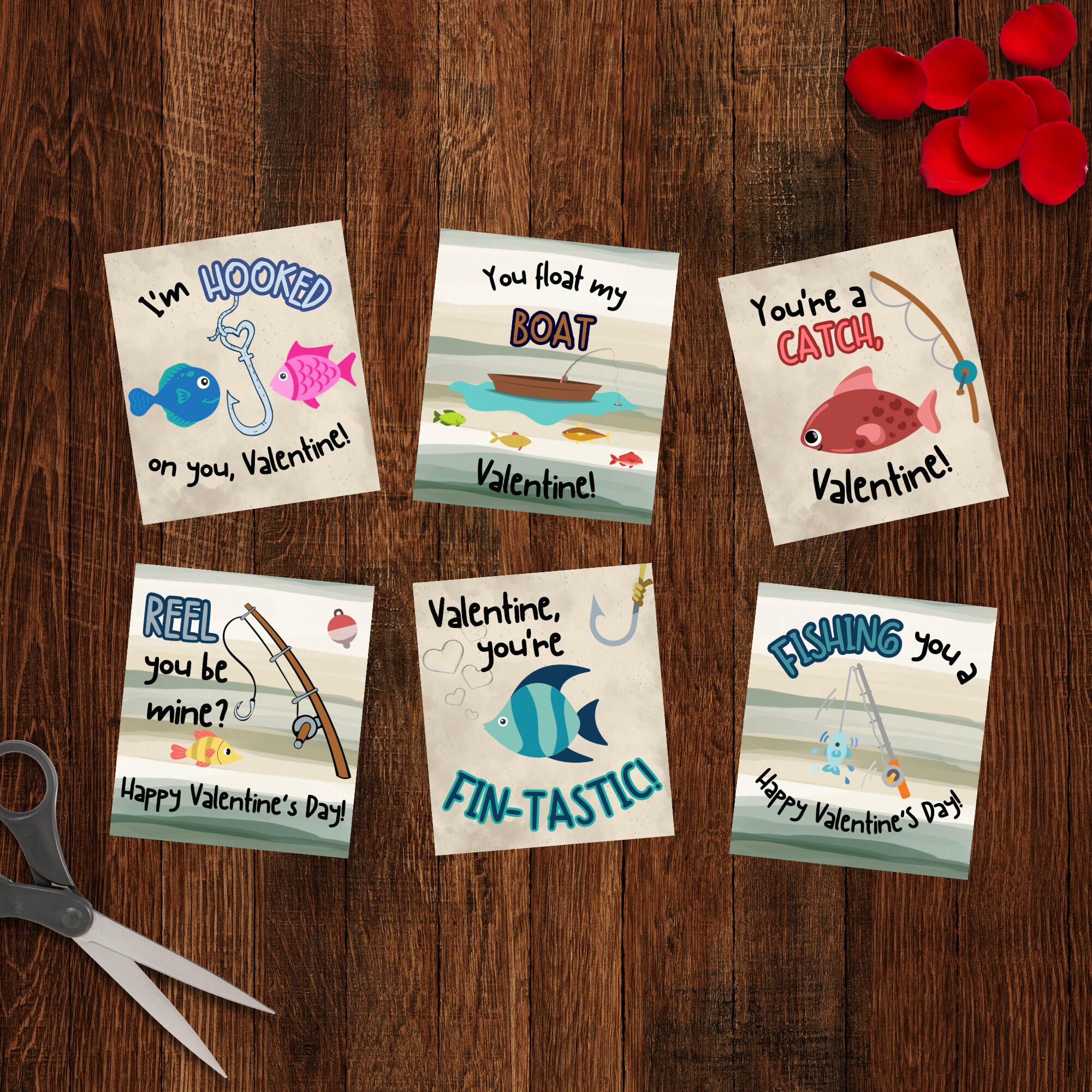 Fishing Printable Valentine Cards for Kids, Fishing Valentines, Kids ...