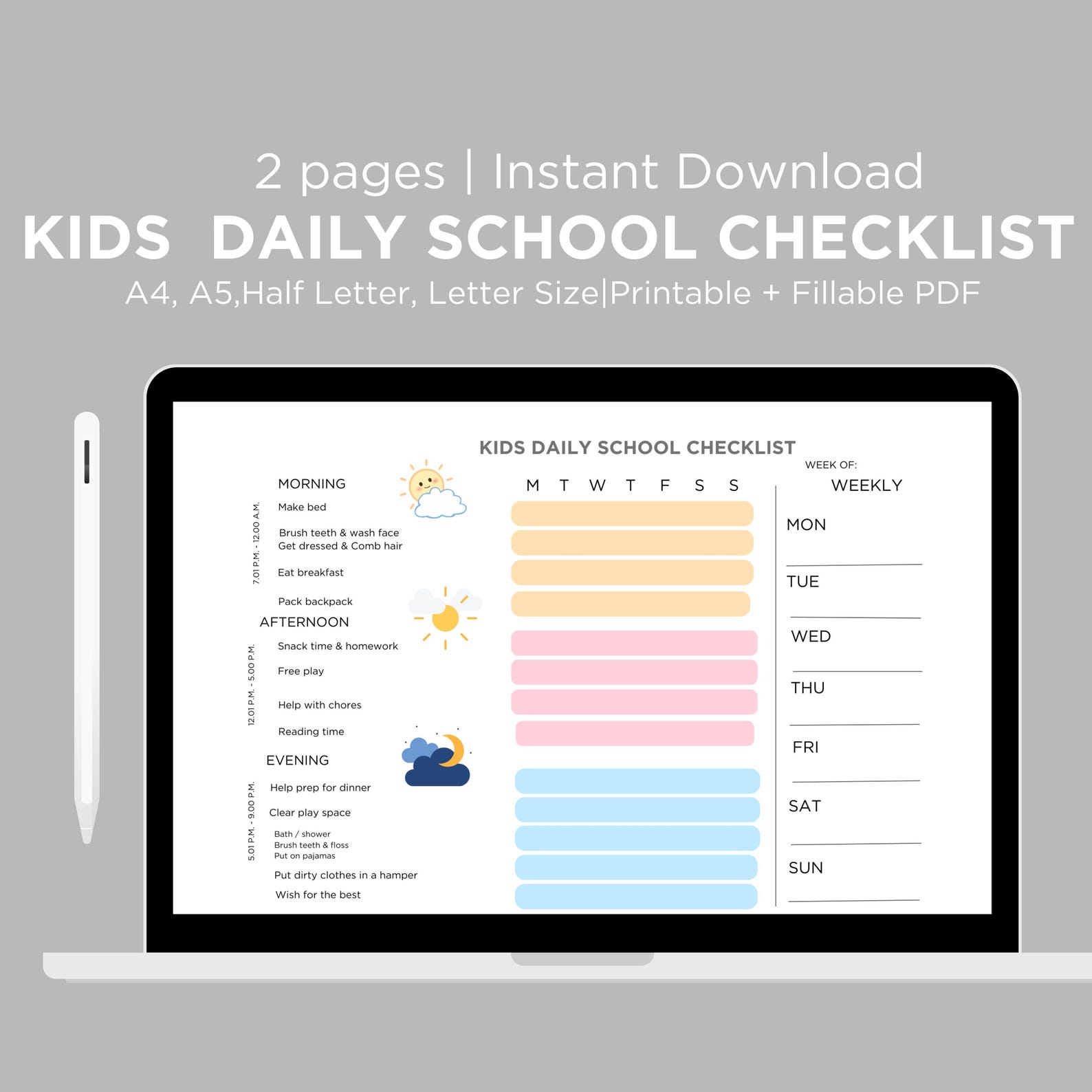 Kids Daily School Checklistpdf & PNGA4, A5, Half Letter,letter Sizesnon ...
