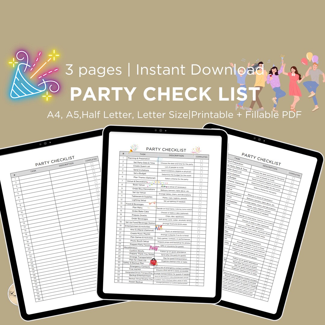 Party Check List | PDF & PNG|A4, A5, Half Letter,letter Sizes|non ...