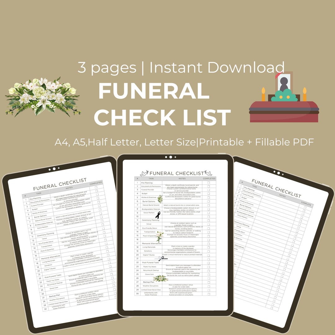 Funeral Check List Printable Planner Death Checklist Funeral Cremation ...