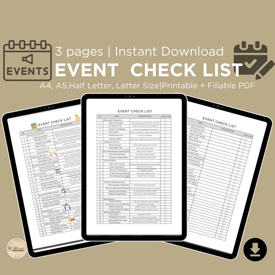 Event Check List | PDF & PNG|A4, A5, Half Letter,letter Sizes | Non ...