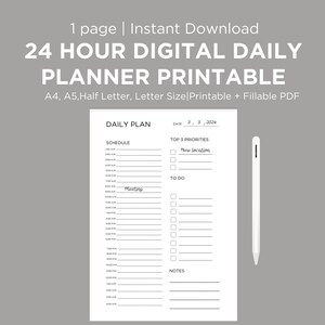 24 Hour Digital Daily Planner Printable for Goodnotes PDF & PNG A4, A5 ...