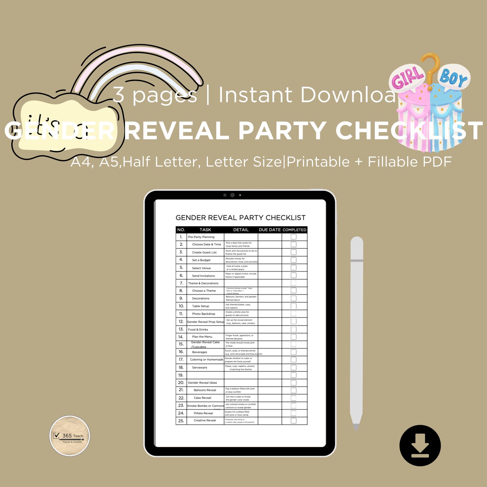 Gender Reveal Party Checklist PDF & PNGA4, A5, Half Letter,letter ...