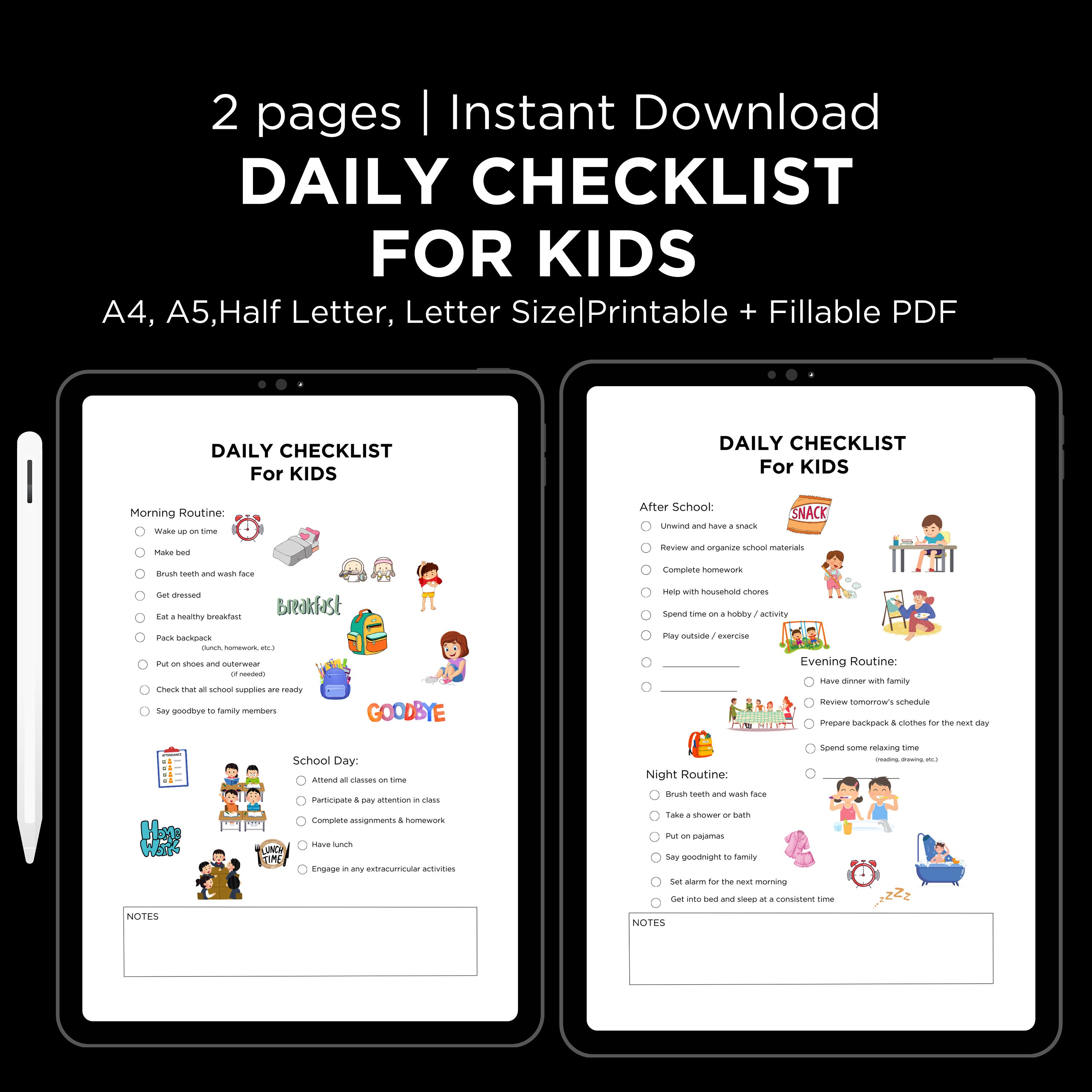 Daily Checklist for Kidspdf & PNG A4, A5, Half Letter,letter Sizesnon ...