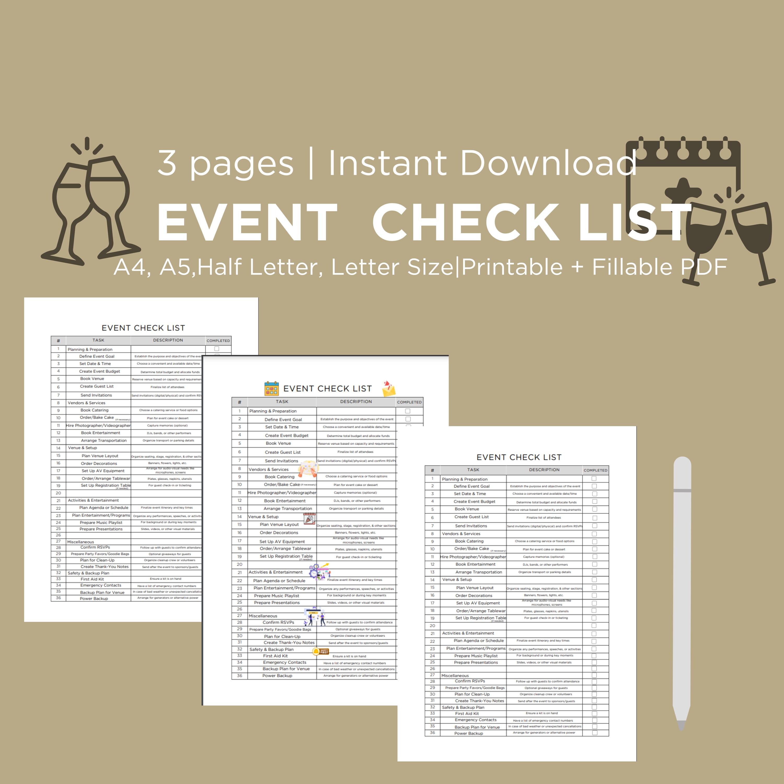 Event Check List | PDF & PNG|A4, A5, Half Letter,letter Sizes | Non ...