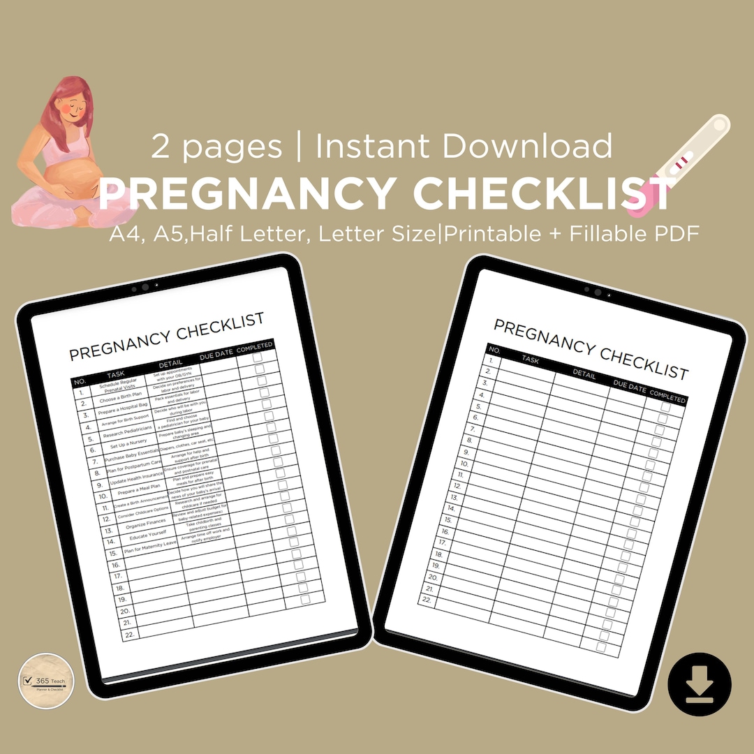 Pregnancy Checklist | PDF & PNG | A4, A5, Half Letter,letter Sizes|non ...
