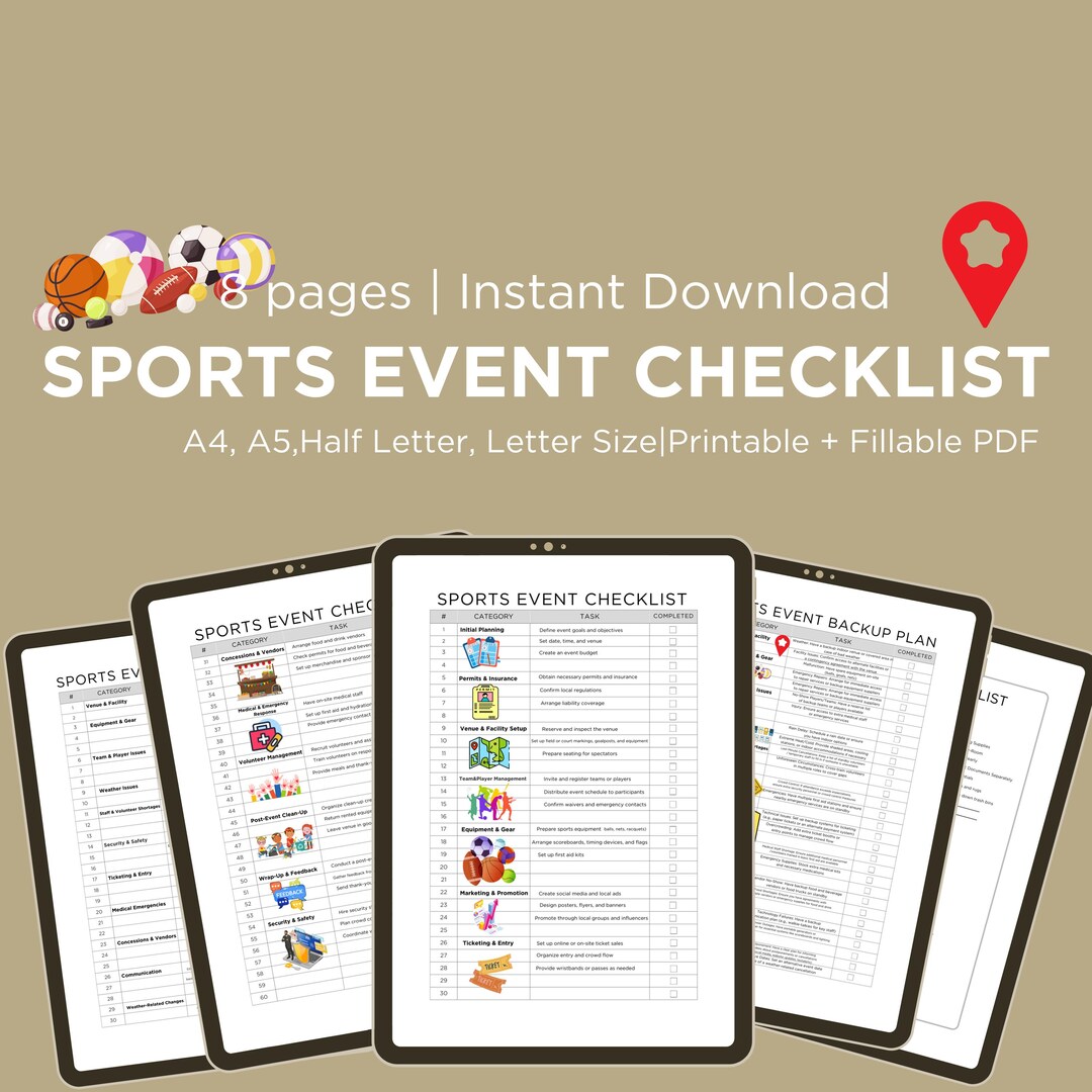 Sports Event Check List PDF & PNGA4, A5, Half Letter,letter Sizesnon ...