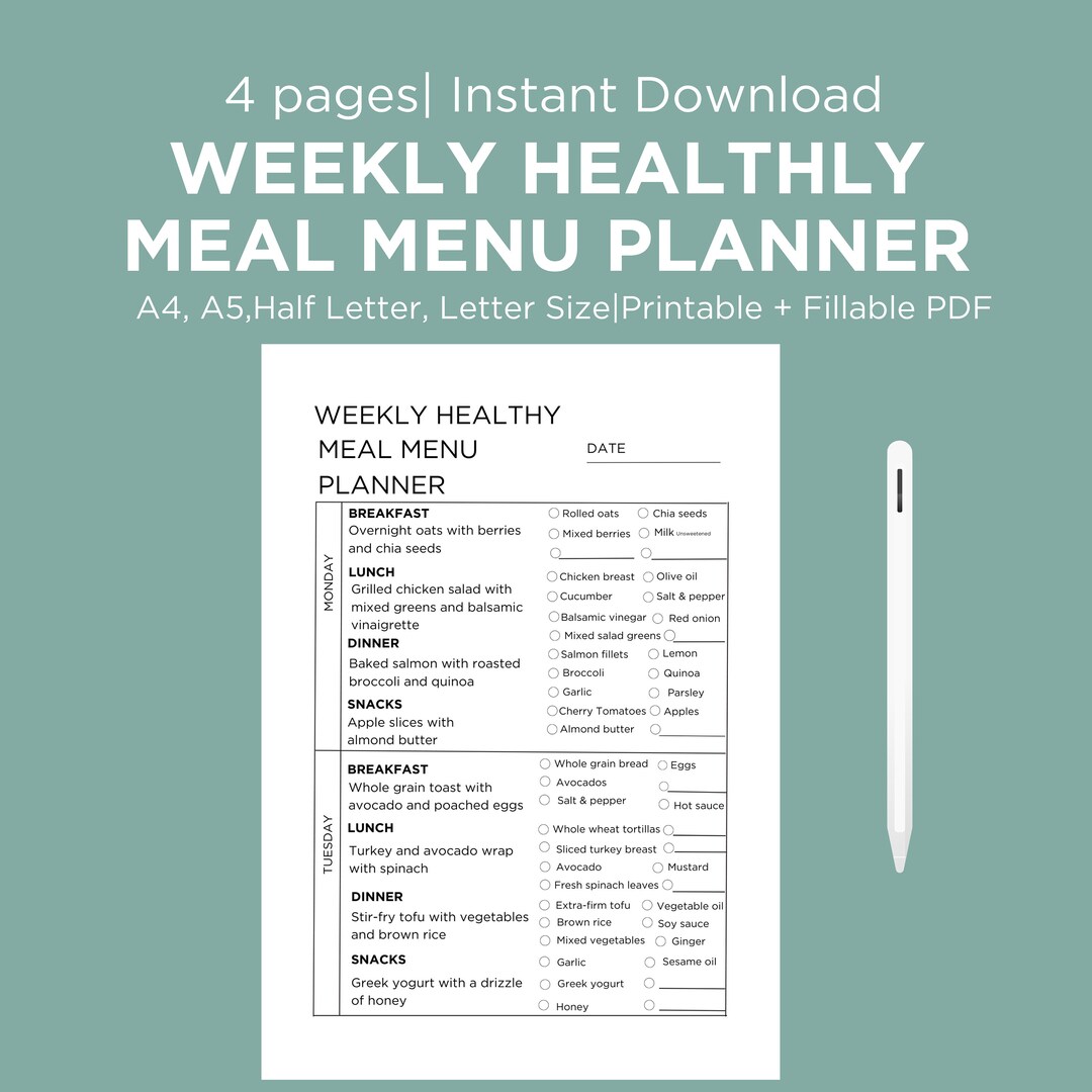 Weekly Healthy Meal Menu Planner, Weekly Menu Planner, Todo List, Food ...
