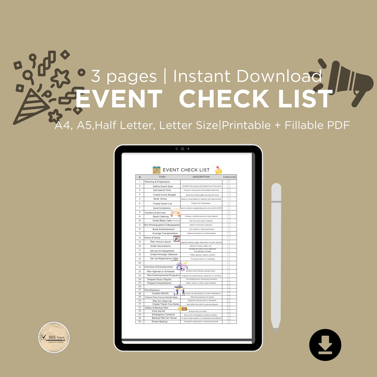 Event Check List | PDF & PNG|A4, A5, Half Letter,letter Sizes | Non ...