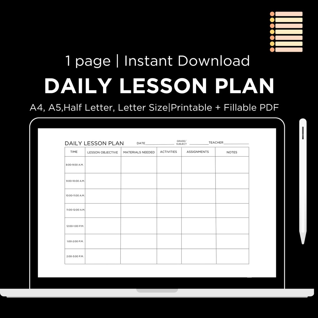 Daily Lesson Plan PDF & PNG A4, A5, Half Letter,letter Sizes Non ...