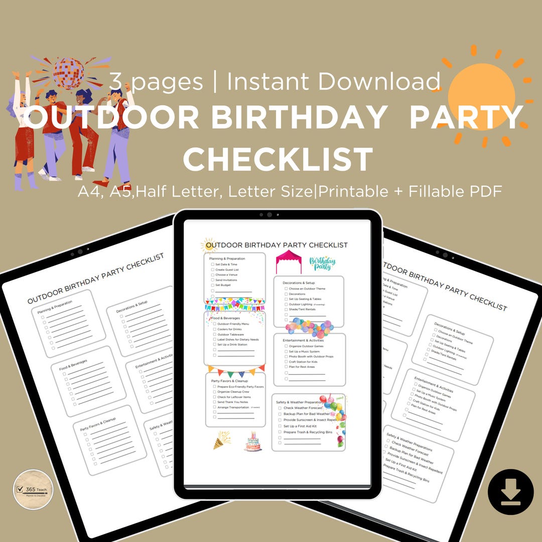 Outdoor Birthday Party Checklist|pdf & PNG|A4, A5, Half Letter,letter ...