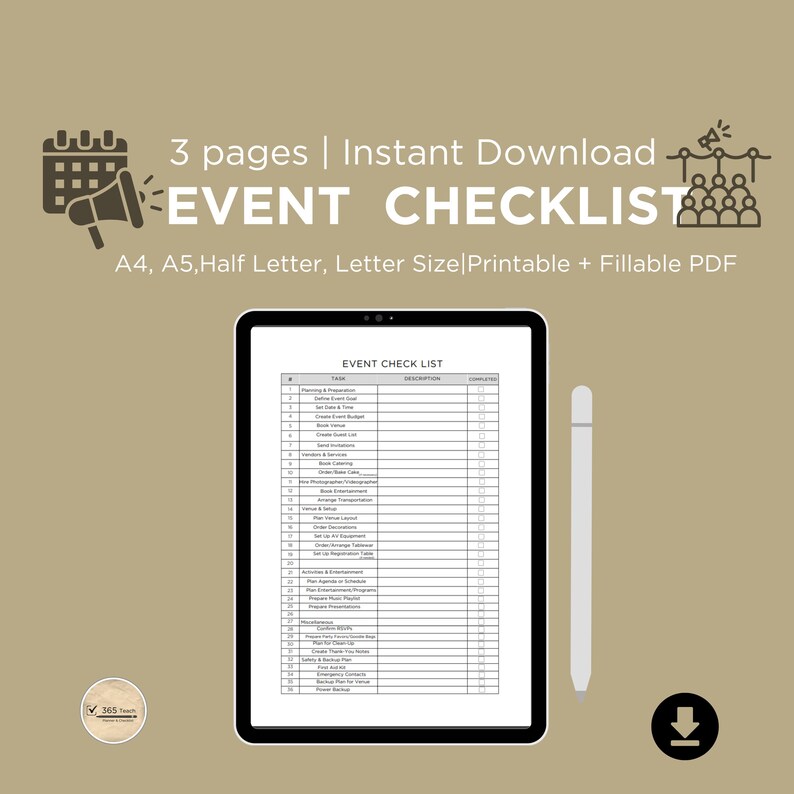 Event Check List | PDF & PNG|A4, A5, Half Letter,letter Sizes | Non-editable Planner | Instant ...