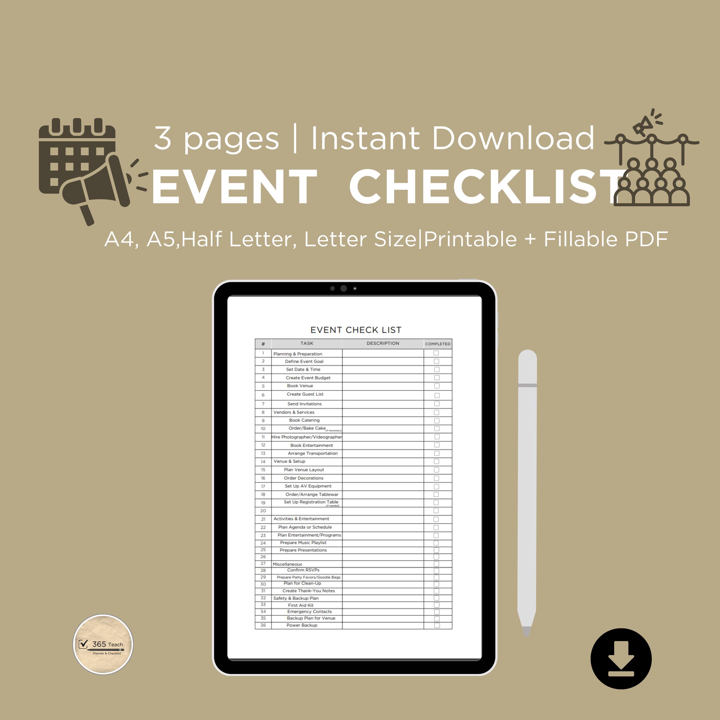 Event Check List | PDF & PNG|A4, A5, Half Letter,letter Sizes | Non ...