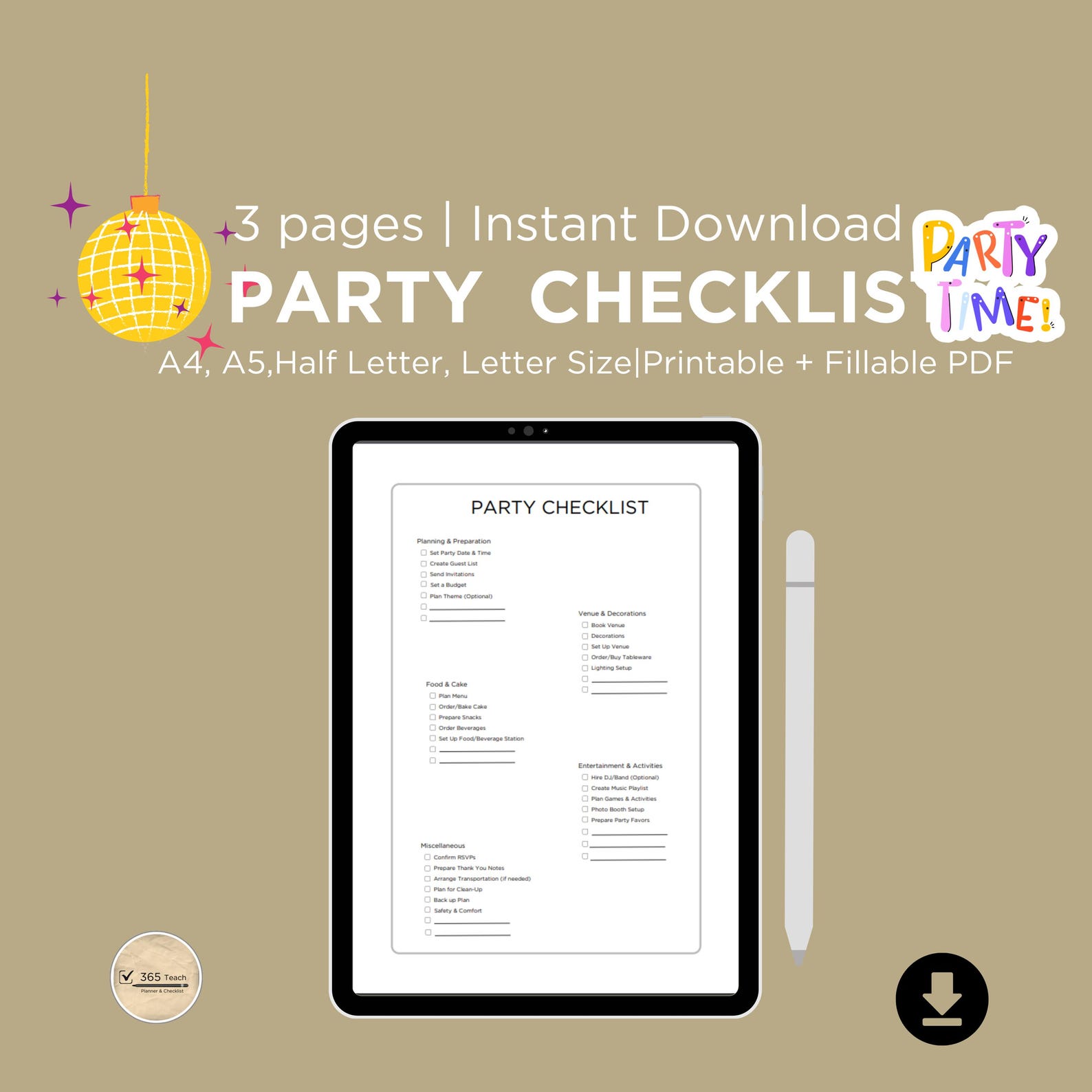Party Checklist, Party Planning|pdf & PNG | A4, A5, Half Letter,letter ...