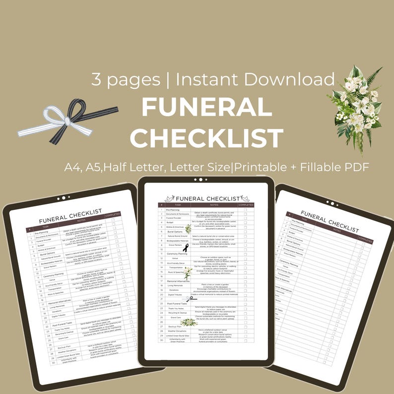 Funeral Checklists Printable Planner Death Checklist Funeral Cremation Event Planner Funeral ...