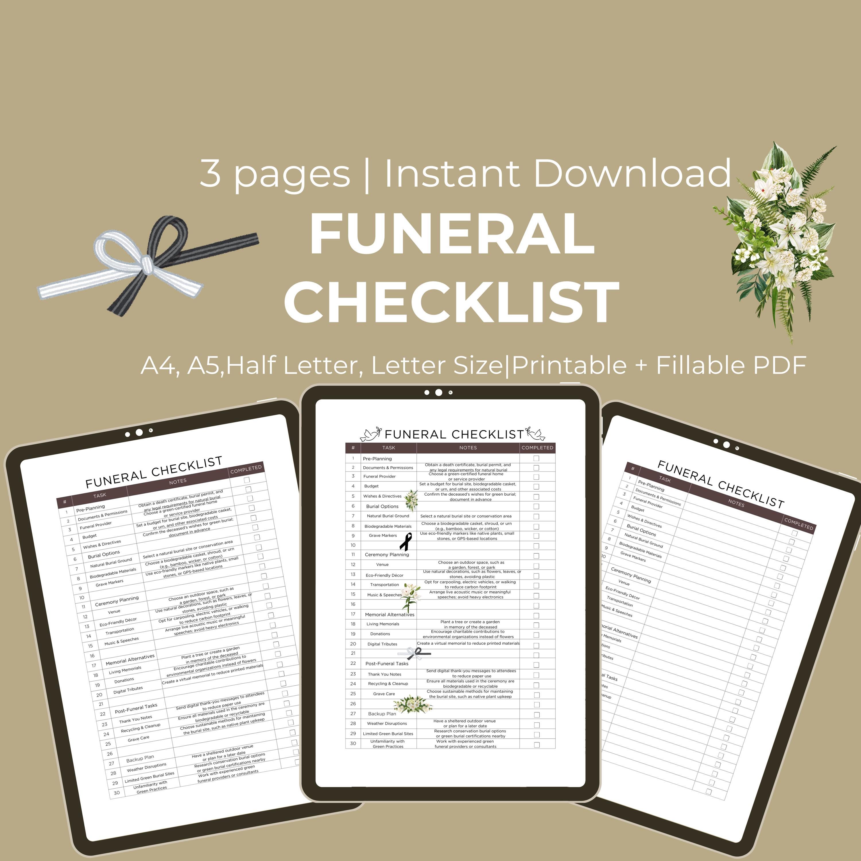 Funeral Checklists Printable Planner Death Checklist Funeral Cremation ...