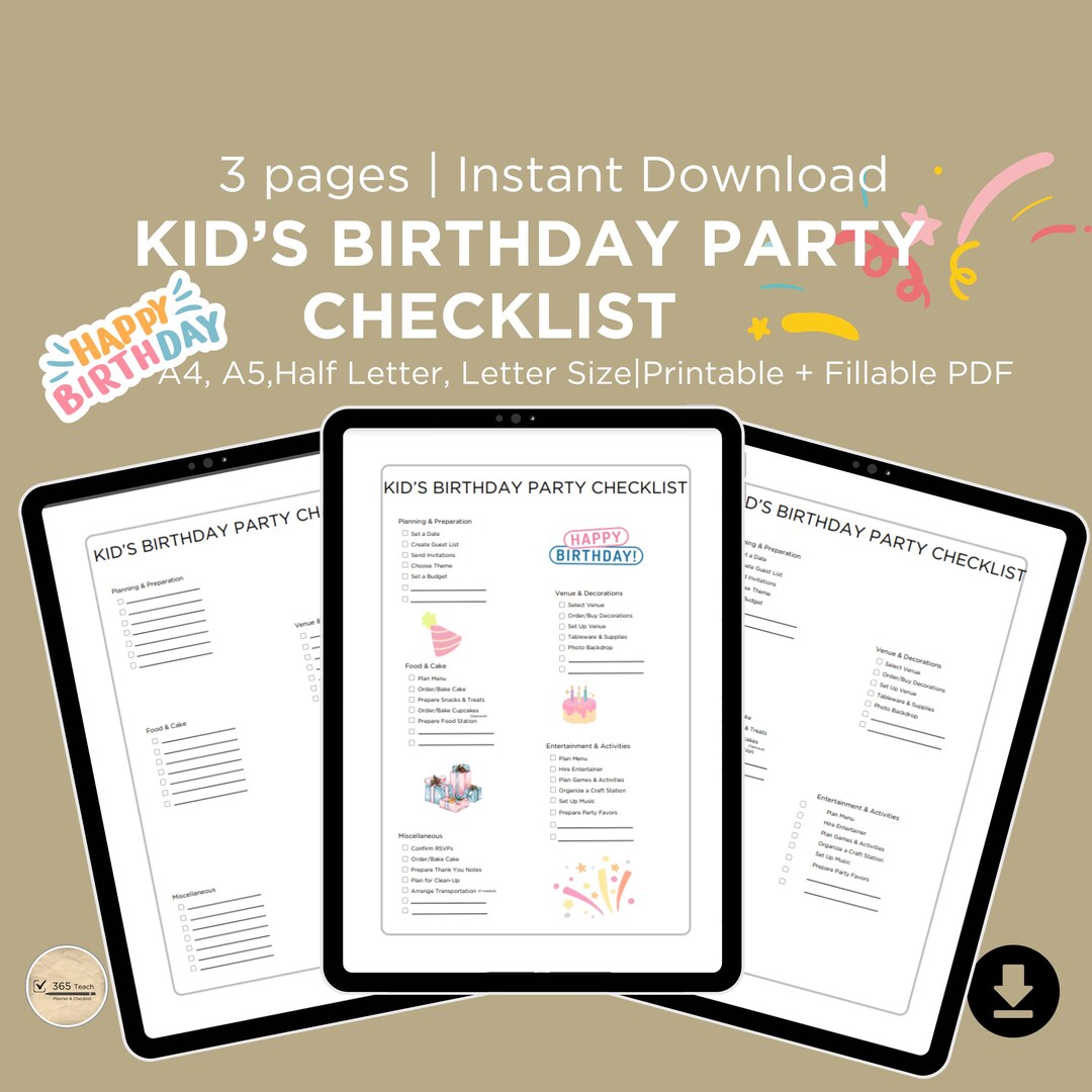 Kid's Birthday Party Checklist|pdf & PNG | A4, A5, Half Letter,letter ...