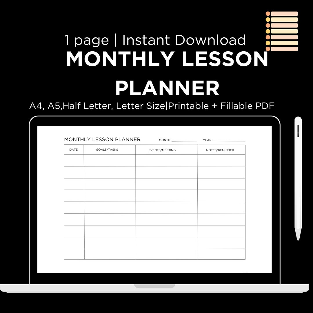 Monthly Lesson Planner, Printable Lesson Plan, Digital Lesson Plan ...