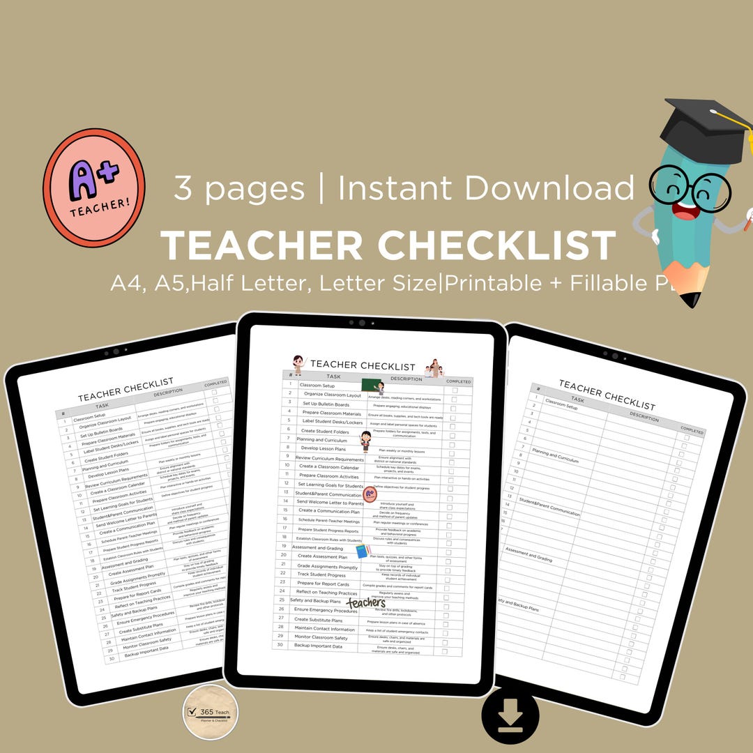 Teacher Checklist PDF & PNG A4, A5, Half Letter,letter Sizes Non ...