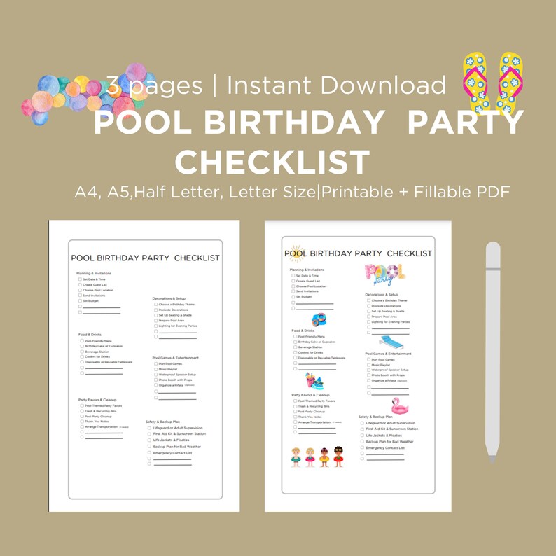 Pool Birthday Party Checklist|pdf & PNG|A4, A5, Half Letter,letter ...