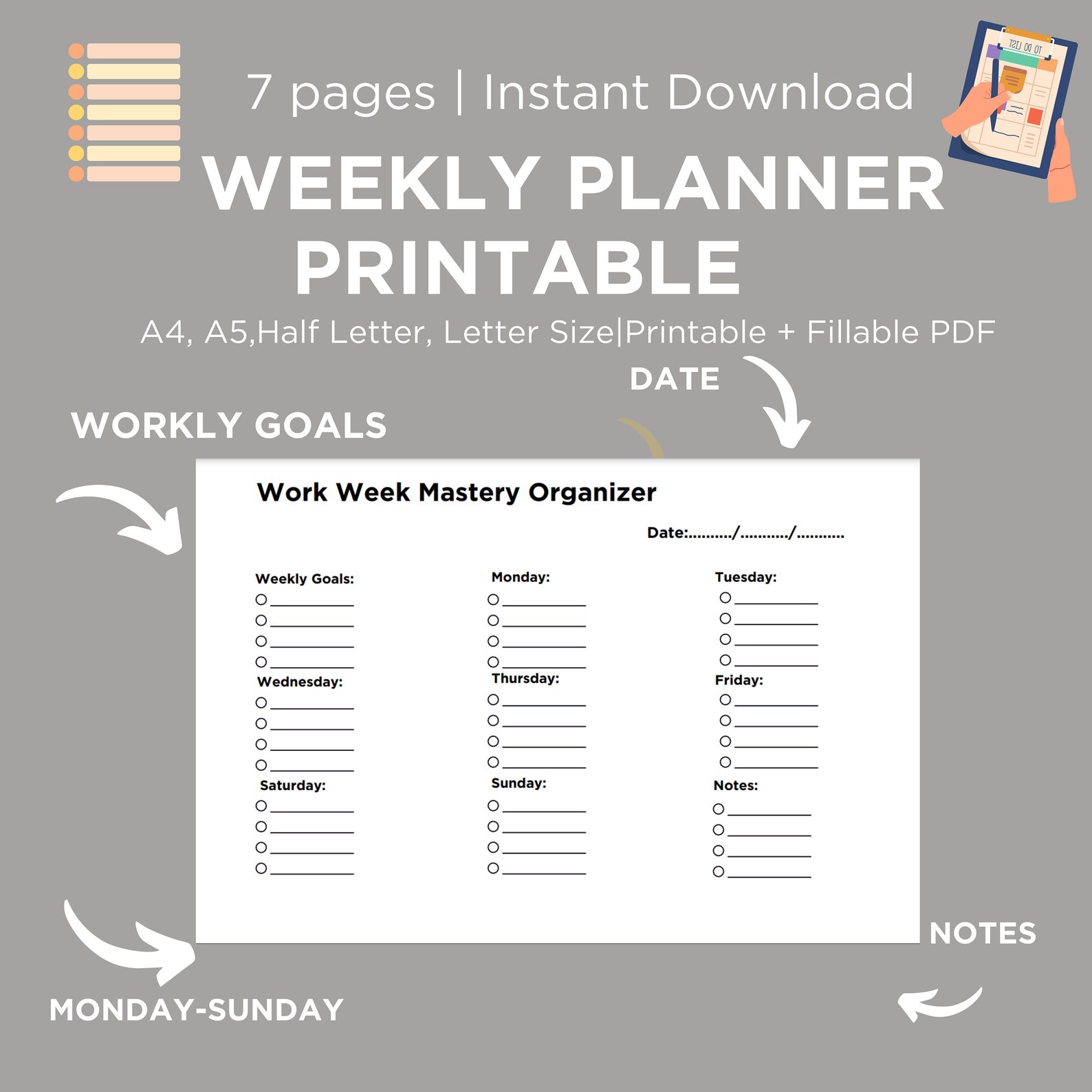 Weekly Planner Printable, Dark Mode to Do List, Dark Mode Template ...