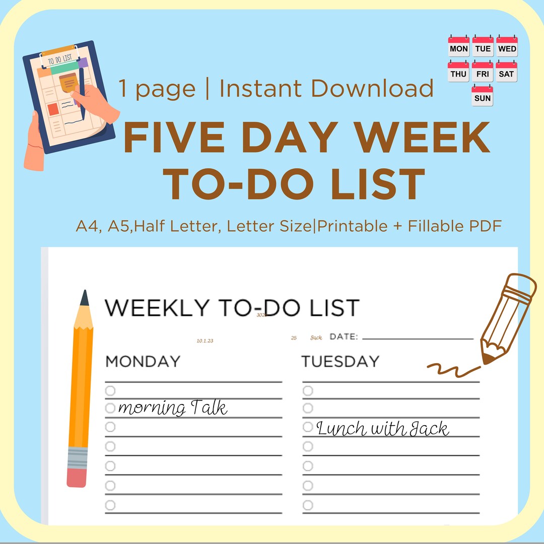 Five Day Week to Do List Printable, Minimal Weekly Planner, Weekly ...