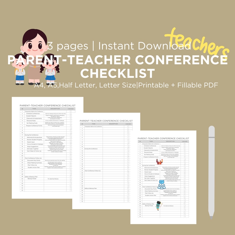 Parent-teacher Conference Checklistpdf & PNG A4, A5, Half Letter,letter ...