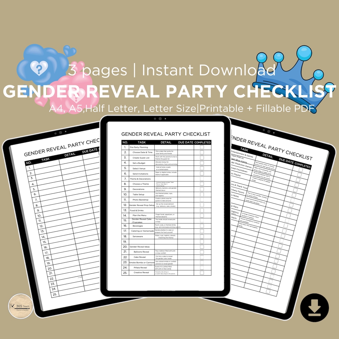 Gender Reveal Party Checklist PDF & PNGA4, A5, Half Letter,letter ...