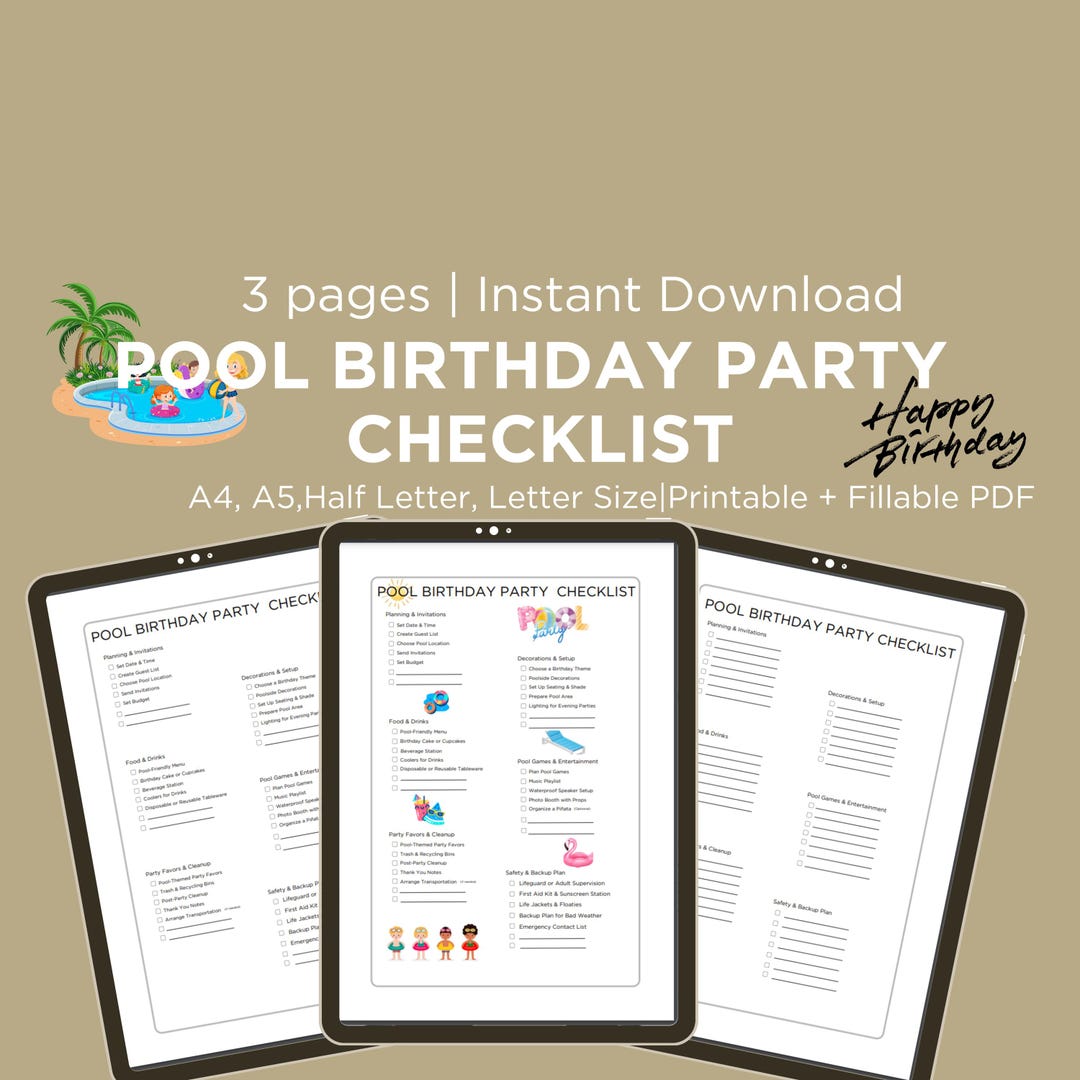 Pool Birthday Party Checklist|pdf & PNG|A4, A5, Half Letter,letter ...