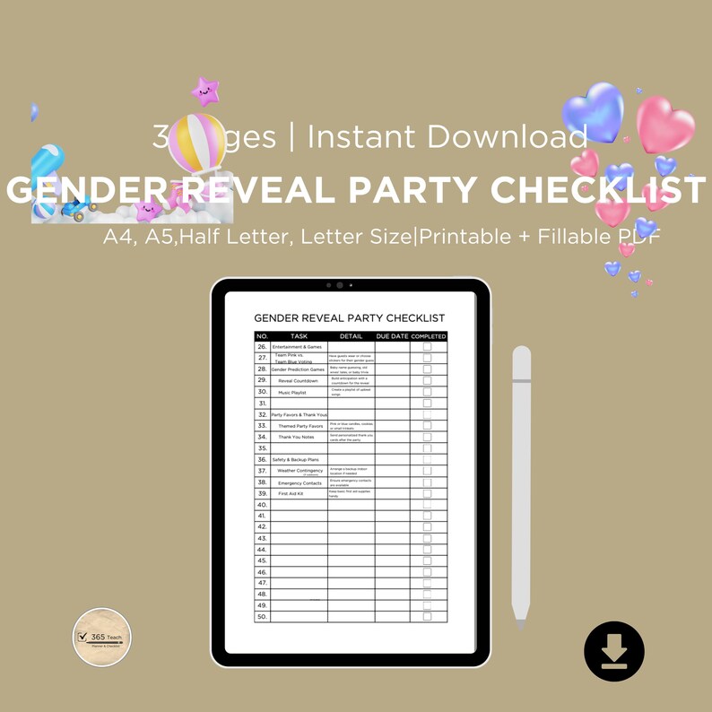 Gender Reveal Party Checklist PDF & PNGA4, A5, Half Letter,letter ...