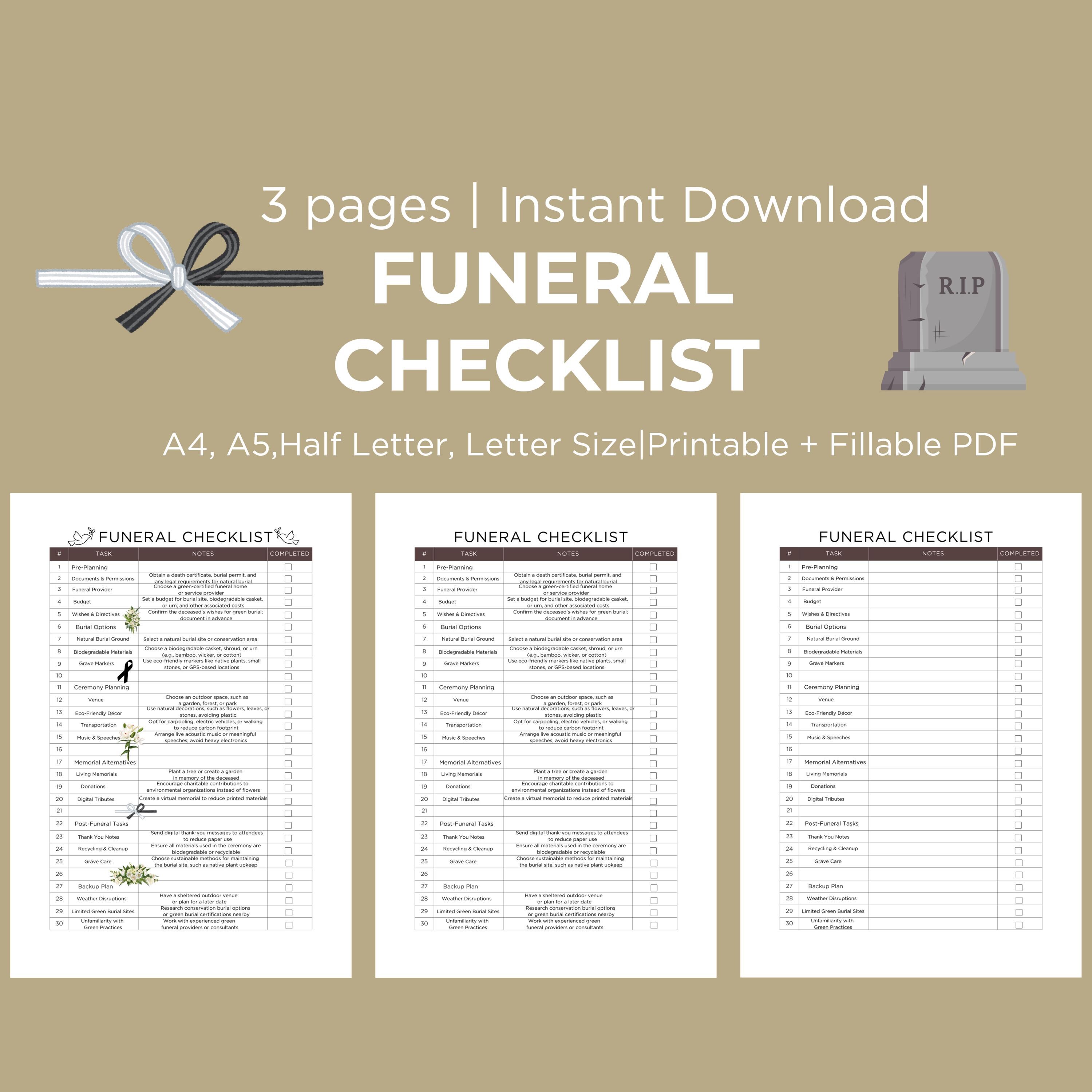 Funeral Checklists Printable Planner Death Checklist Funeral Cremation ...