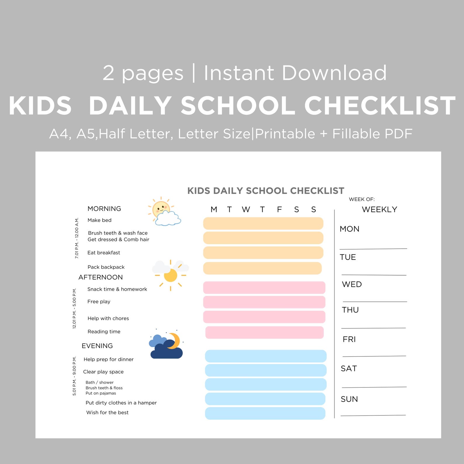 Kids Daily School Checklistpdf & PNGA4, A5, Half Letter,letter Sizesnon ...