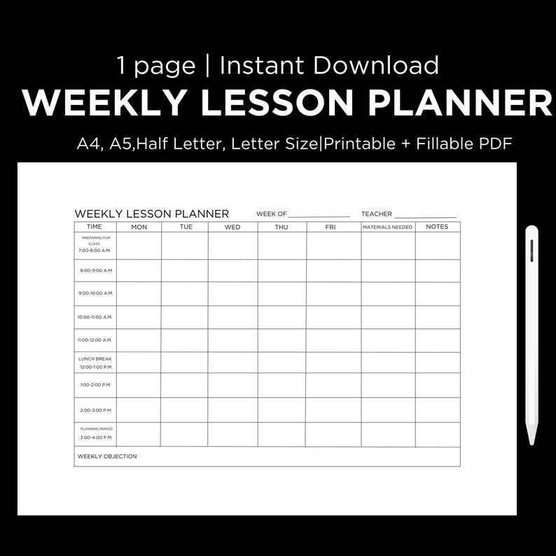 Weekly Lesson Plannerpdf & PNGA4, A5,half Letter,letter Sizesnon ...