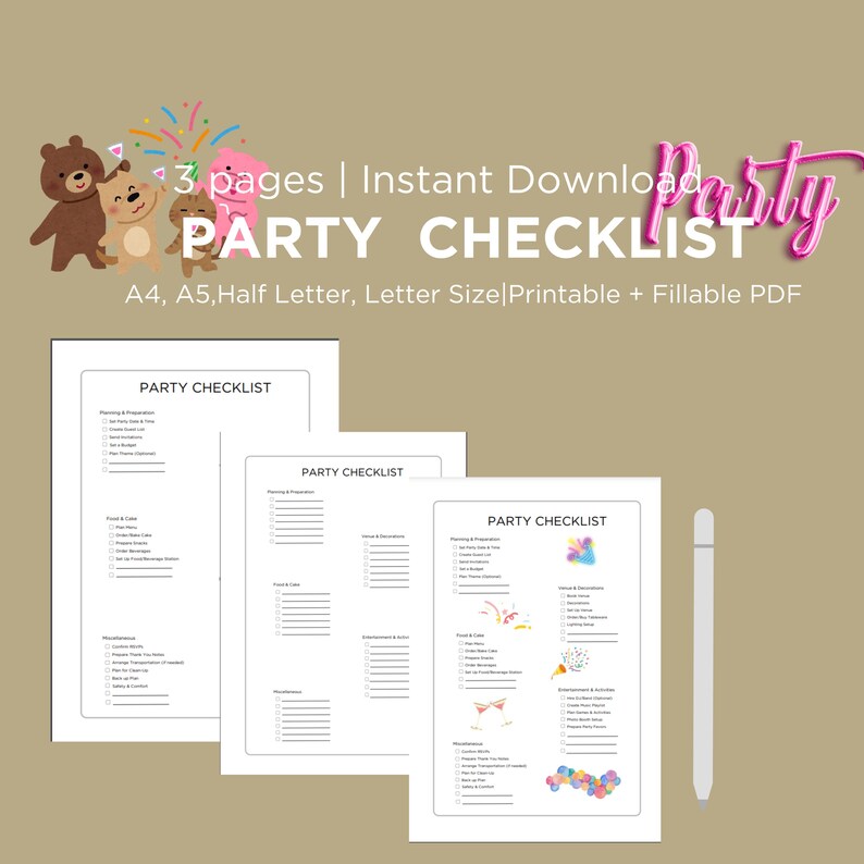 Party Checklist, Party Planning|pdf & PNG | A4, A5, Half Letter,letter ...