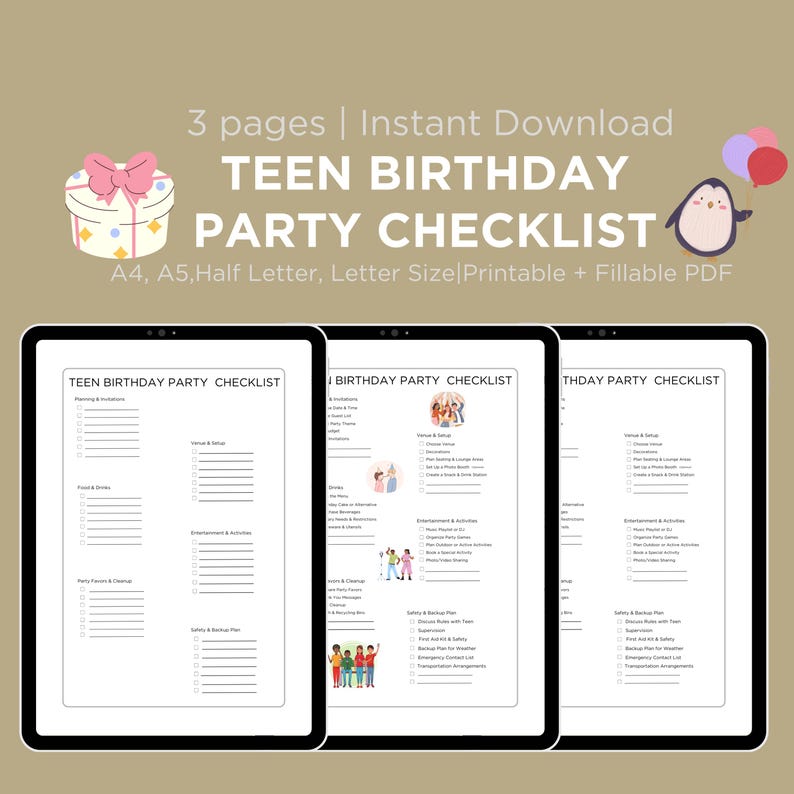 Teen Birthday Party Checklist|pdf & PNG | A4, A5, Half Letter,letter ...