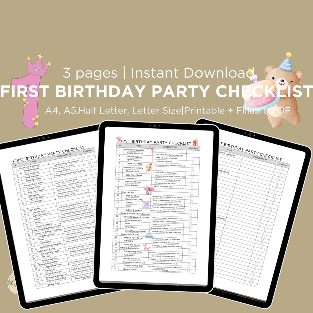 First Birthday Party Check List|pdf & PNG|A4, A5, Half Letter,letter ...